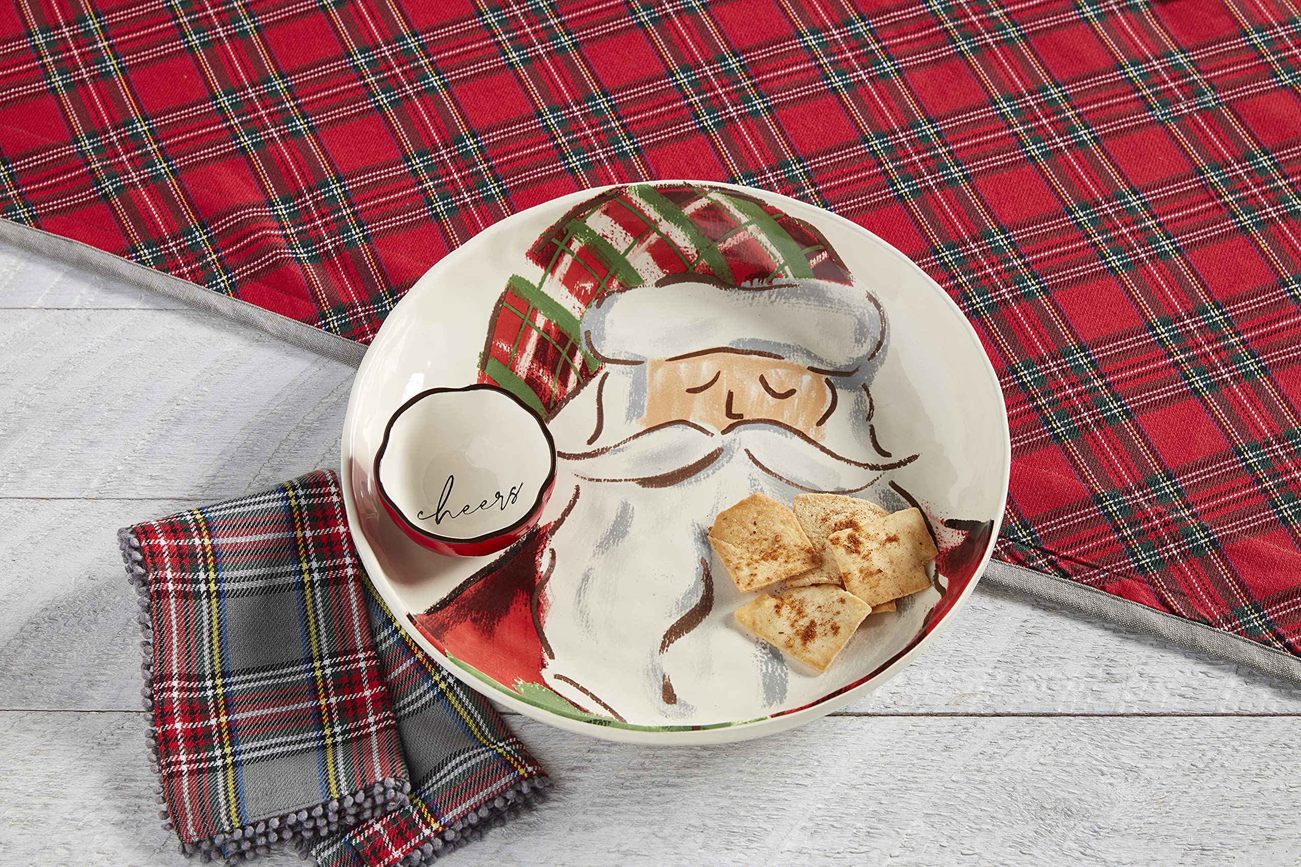 Mud Pie Tartan Christmas Santa Chip & Dip Set, chip 13" dia | dip 2 1/4" x 3 1/2" dia, Multi