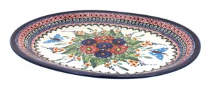 blue rose polish pottery floral butterfly large serving platter