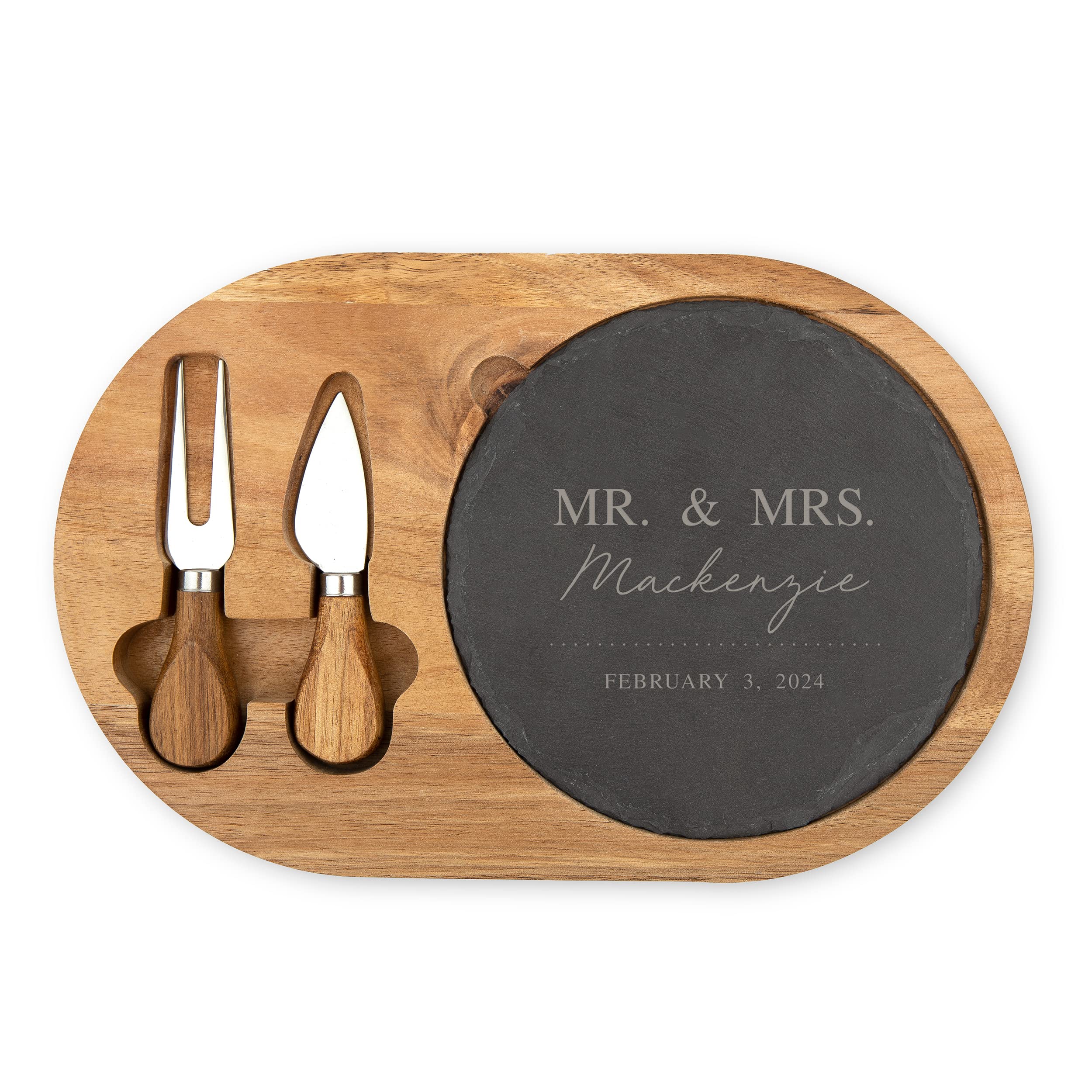 Weddingstar Custom Engraved Circular Wooden Acacia Plank and Slate Serving Tray Set with Fork and Cheese Knife - Mr. & Mrs.