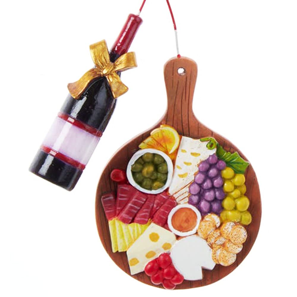 Charcuterie Board Christmas Ornament - Meat Cheese Tray Wooden Platter with Wine Bottle Glass - Holiday Tree Decoration Keepsake Gift (Round)