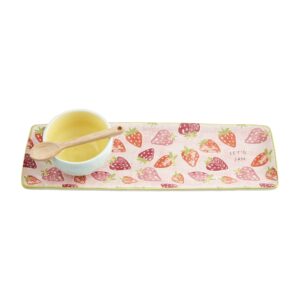 mud pie strawberry tray & dip set, tray 4" x 13" | cup 2" x 3 1/2" dia | spoon 5 1/2"