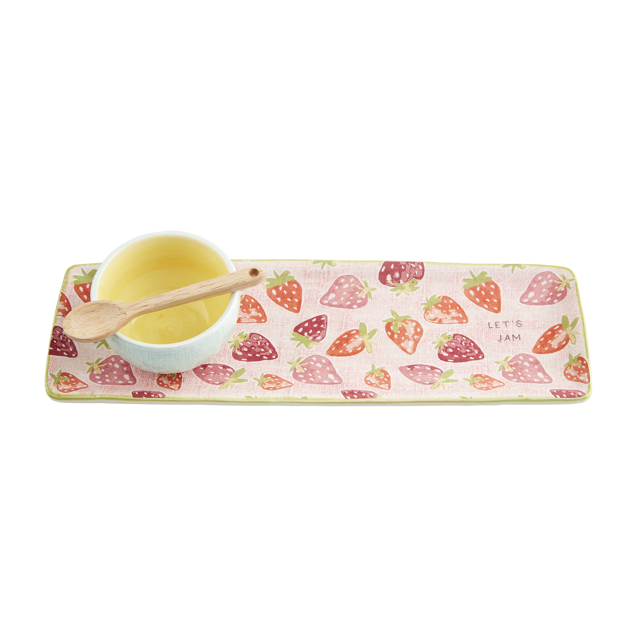 Mud Pie Strawberry Tray & Dip Set, Tray 4" X 13" | Cup 2" X 3 1/2" Dia | Spoon 5 1/2"