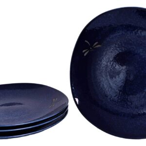 Ebros Made in Japan Pack Of 4 Midnight Blue Tombo Dragonfly Ceramic Porcelain Dinner Plates Dishes For Salads Pasta Noodles Stir Fry Main Course Entrée Dining Dinnerware Serving Platters