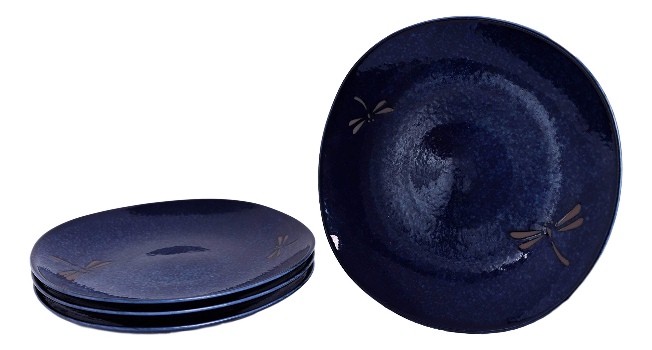 Ebros Made in Japan Pack Of 4 Midnight Blue Tombo Dragonfly Ceramic Porcelain Dinner Plates Dishes For Salads Pasta Noodles Stir Fry Main Course Entrée Dining Dinnerware Serving Platters