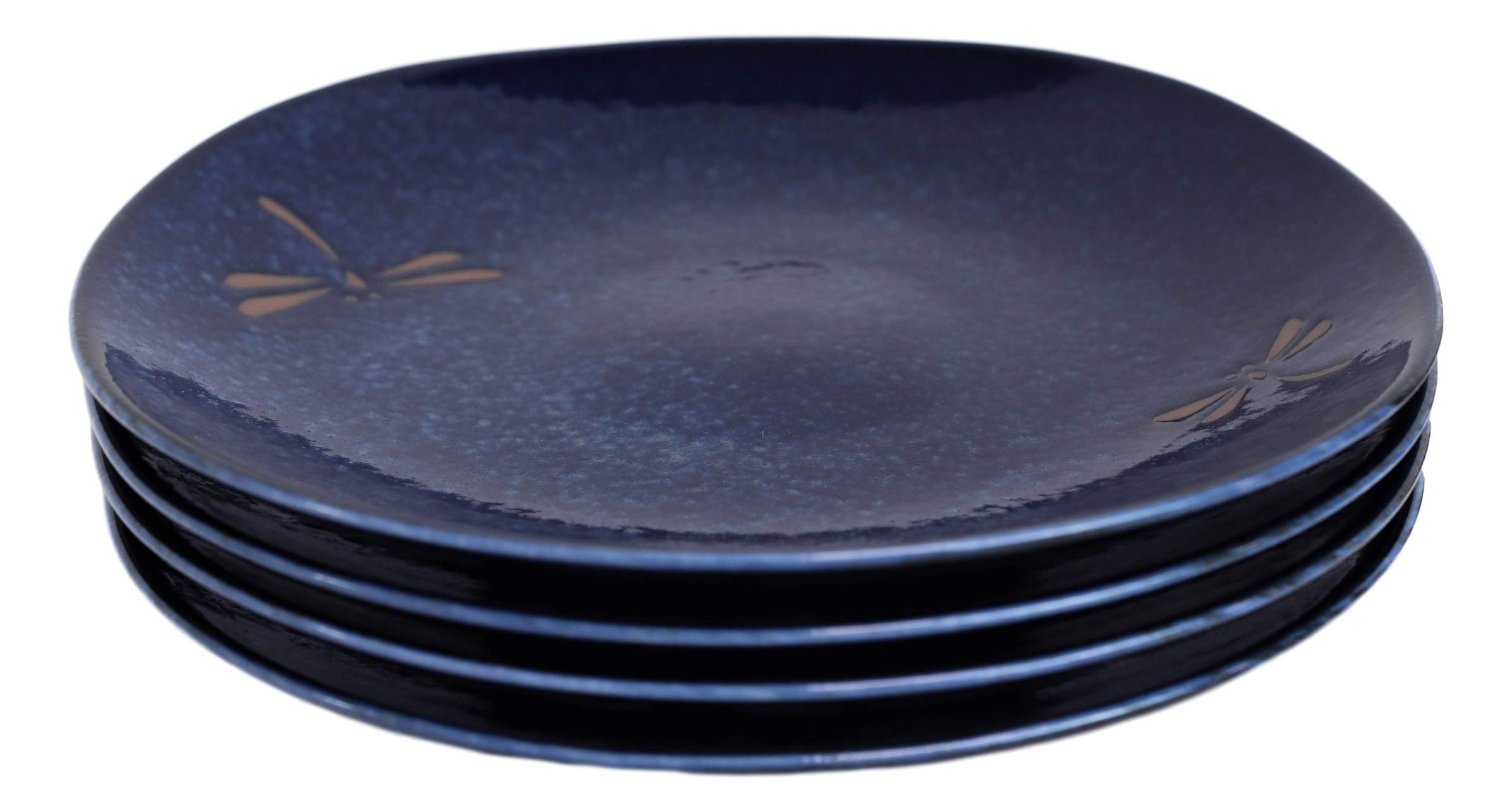 Ebros Made in Japan Pack Of 4 Midnight Blue Tombo Dragonfly Ceramic Porcelain Dinner Plates Dishes For Salads Pasta Noodles Stir Fry Main Course Entrée Dining Dinnerware Serving Platters