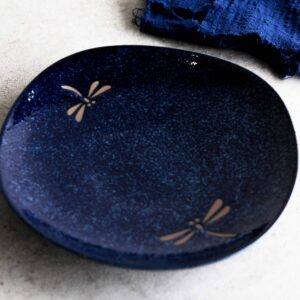 Ebros Made in Japan Pack Of 4 Midnight Blue Tombo Dragonfly Ceramic Porcelain Dinner Plates Dishes For Salads Pasta Noodles Stir Fry Main Course Entrée Dining Dinnerware Serving Platters