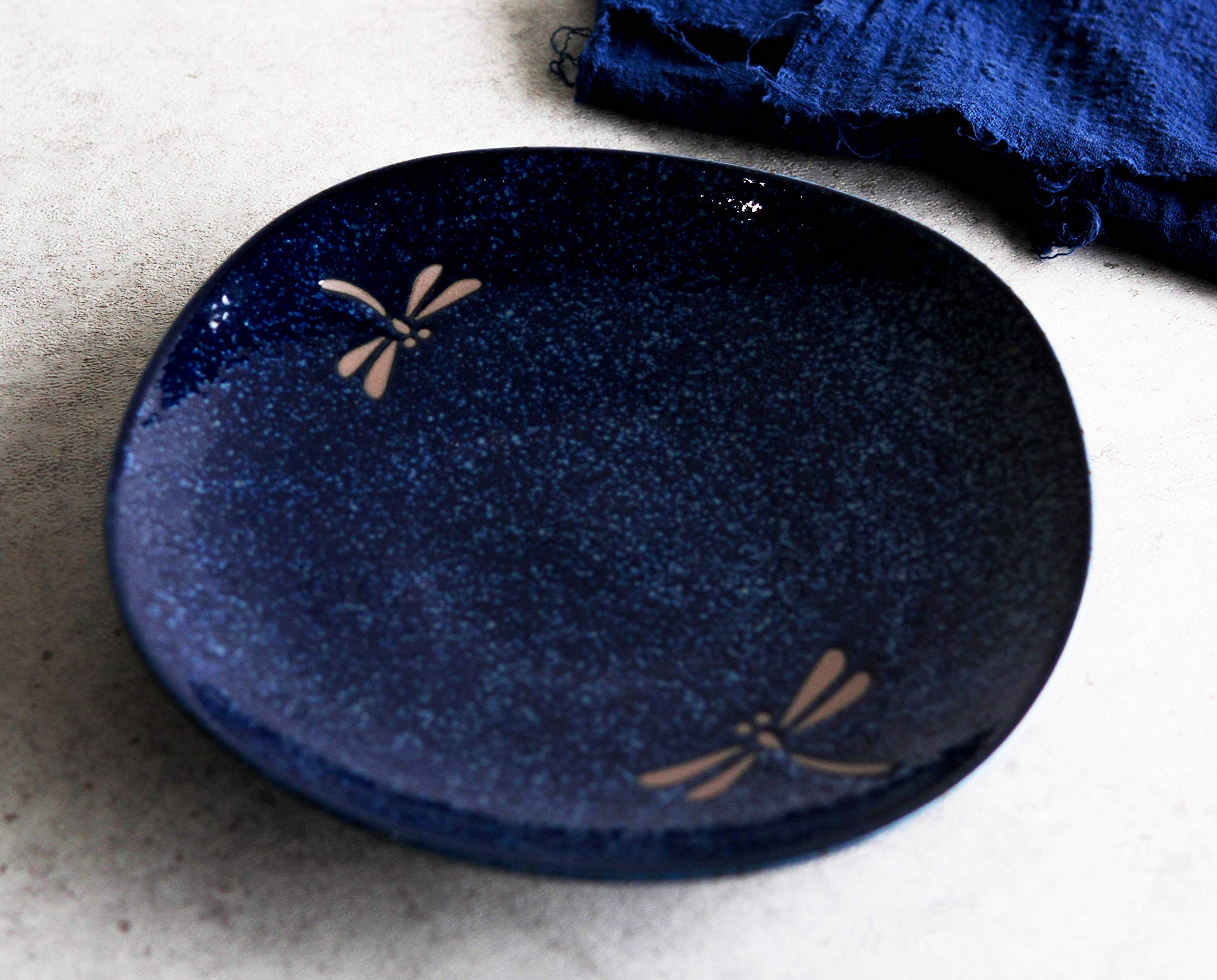 Ebros Made in Japan Pack Of 4 Midnight Blue Tombo Dragonfly Ceramic Porcelain Dinner Plates Dishes For Salads Pasta Noodles Stir Fry Main Course Entrée Dining Dinnerware Serving Platters