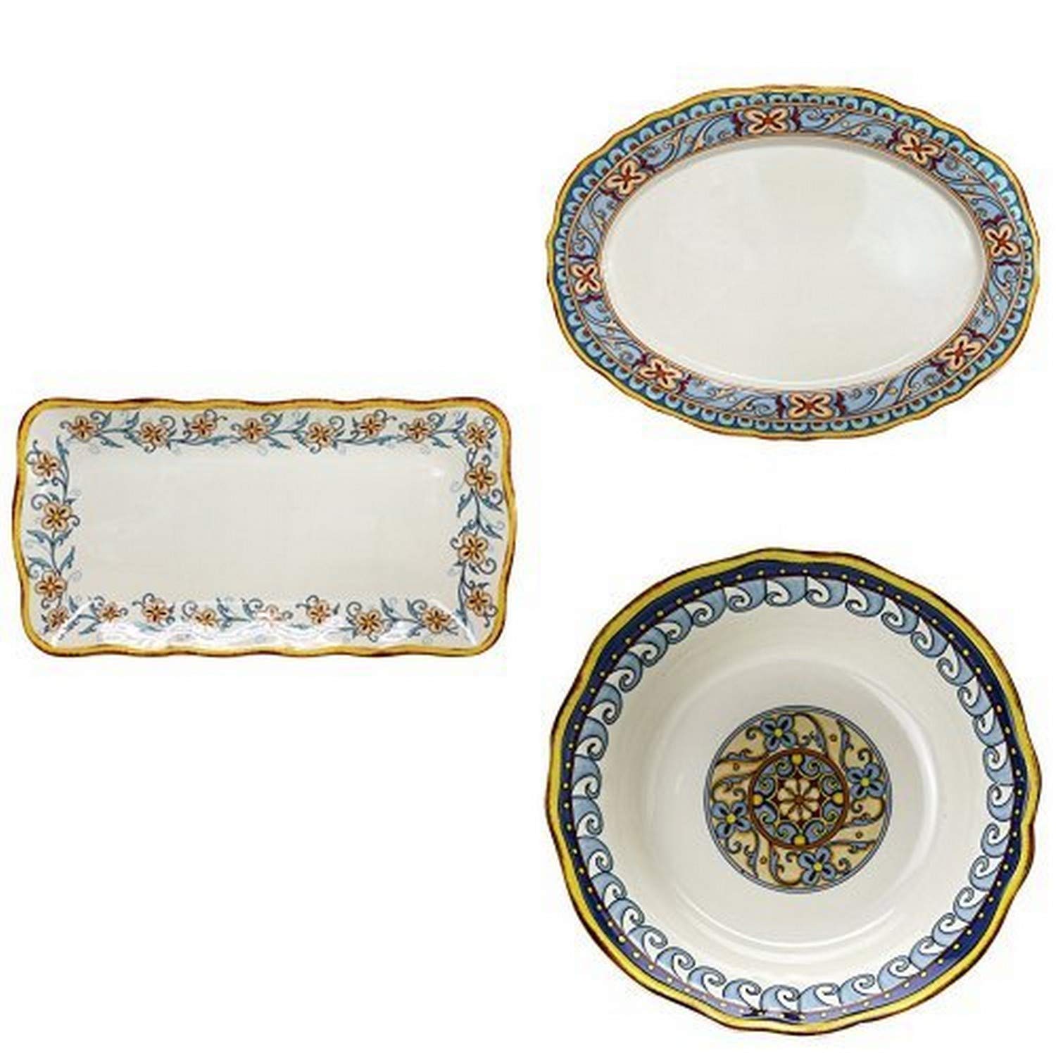 Euro Ceramica Duomo Dinnerware Jumbo Serving Bundle – 1 Piece Rectangular Platter + 1 Piece Oval Platter + 1 Piece Serving Bowl – Floral