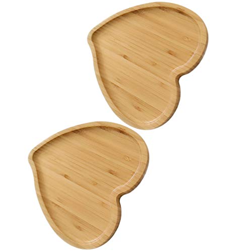 DOITOOL Wooden Serving Platter 2 Pcs Bamboo Plates Heart Shaped Wooden Serving Plate Snack Dessert Fruit Plate Bread Tray Dishes for Hotel Restaurant Home (19.5x19.5x1.6 cm) Small Wooden Tray