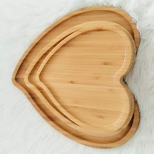 DOITOOL Wooden Serving Platter 2 Pcs Bamboo Plates Heart Shaped Wooden Serving Plate Snack Dessert Fruit Plate Bread Tray Dishes for Hotel Restaurant Home (19.5x19.5x1.6 cm) Small Wooden Tray