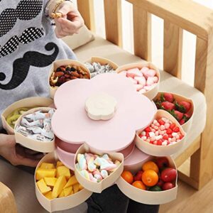 Double Layer Candy and Nut Serving Container, Petal-Shaped Rotating Snack Serving Tray 10 Variety Mixed Nut Assortment Tray, Food Storage Organizer, Divided Snack Platter(Pink)