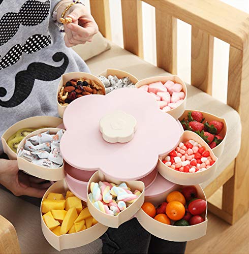 Double Layer Candy and Nut Serving Container, Petal-Shaped Rotating Snack Serving Tray 10 Variety Mixed Nut Assortment Tray, Food Storage Organizer, Divided Snack Platter(Pink)