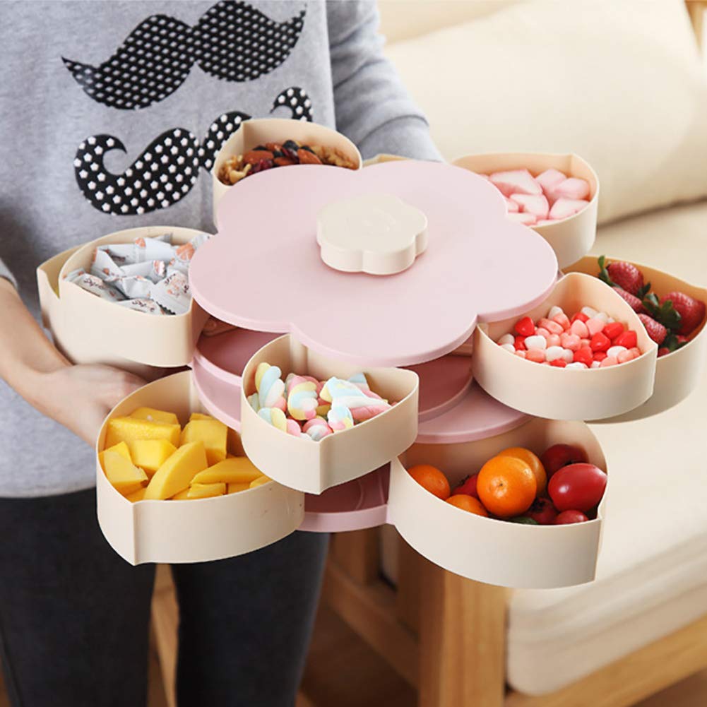 Double Layer Candy and Nut Serving Container, Petal-Shaped Rotating Snack Serving Tray 10 Variety Mixed Nut Assortment Tray, Food Storage Organizer, Divided Snack Platter(Pink)