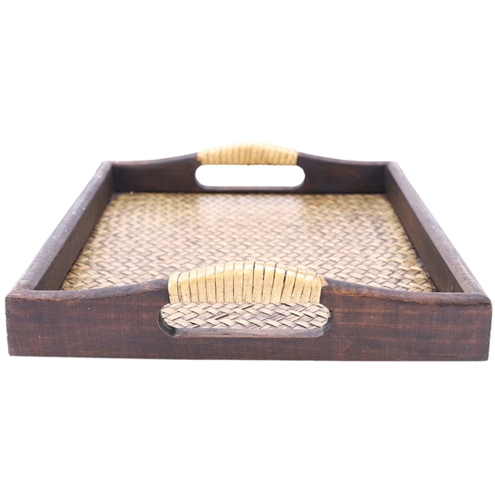 TAUFE Bed Trays for Eating Multi-Functional Wooden Serving Trays with Handle Rectangle Handmade Rattan Bamboo Tea/Oil Trays Dessert/Coffee/Fruits Plate 30.