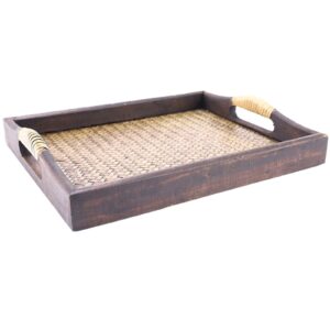 TAUFE Bed Trays for Eating Multi-Functional Wooden Serving Trays with Handle Rectangle Handmade Rattan Bamboo Tea/Oil Trays Dessert/Coffee/Fruits Plate 30.