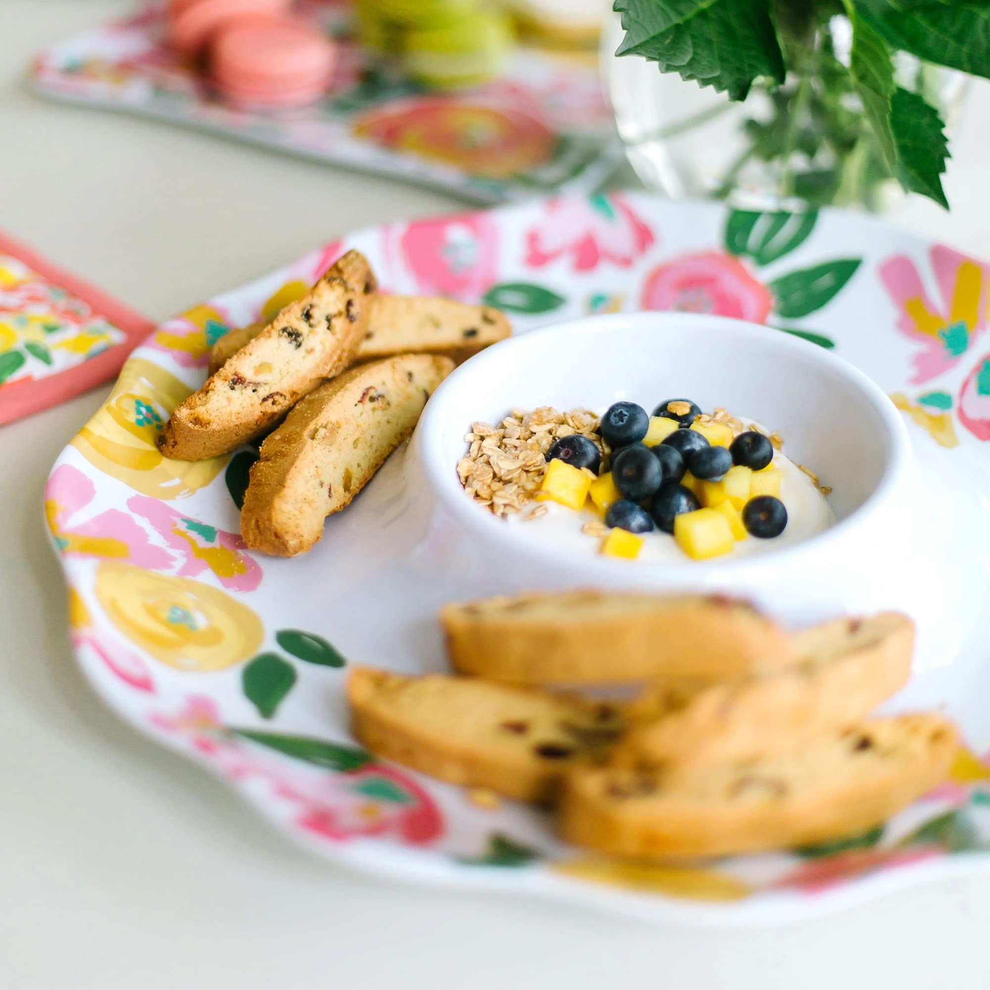 Mary Square Garden Party Pink Floral 15 inch Melamine Chip and Dip Serving Set