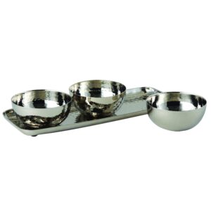 elegance hammered stainless steel 3 bowl set with tray, silver