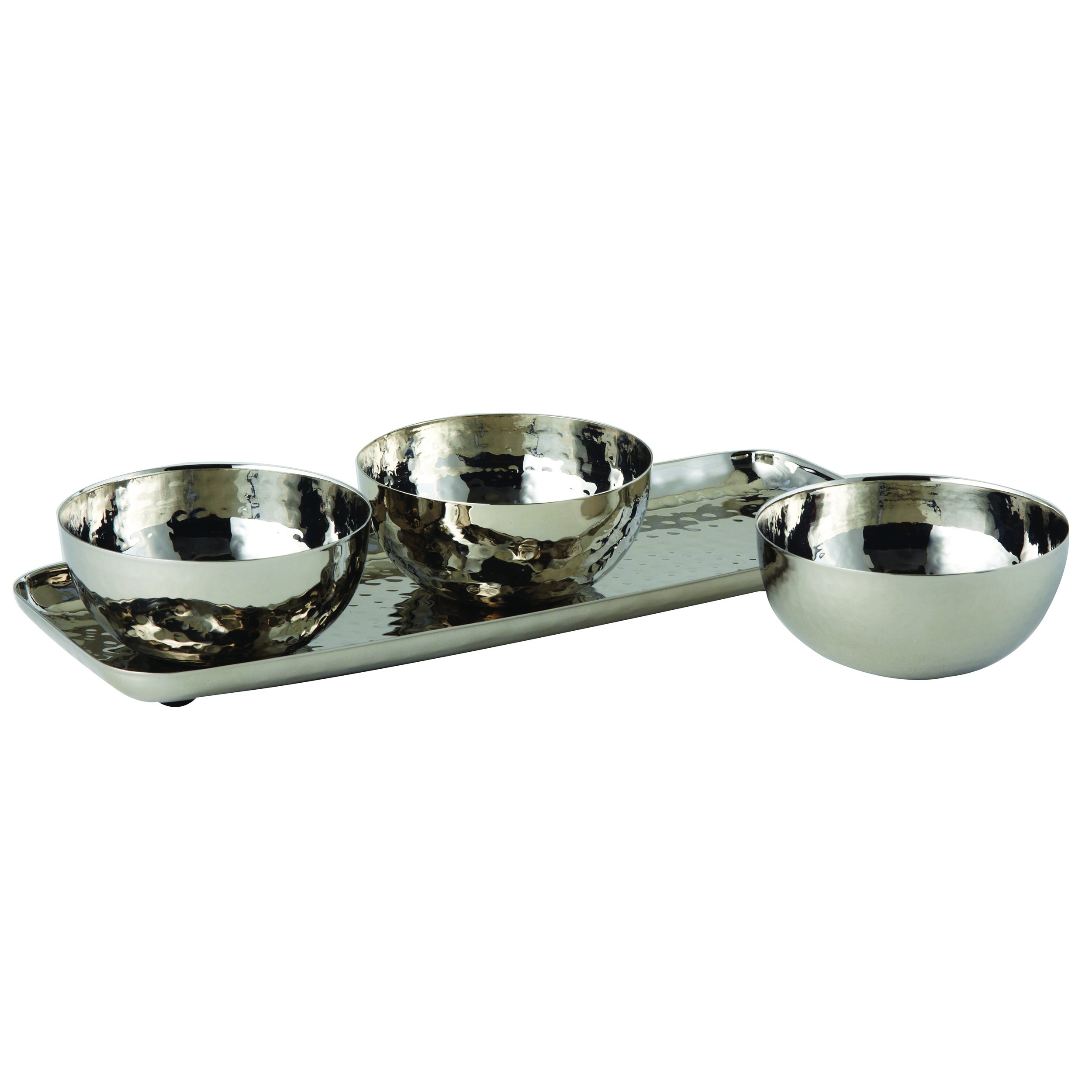 Elegance Hammered Stainless Steel 3 Bowl Set with Tray, Silver