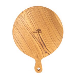 Rainforest Bowls 12" Javanese Teak Wood Pizza Board w/ Handle & Rim - Can Hold 12" Pizza, Ultra-Durable, Heavy Duty - Exclusive Luxury Custom Design Handcrafted by Indonesian Artisans