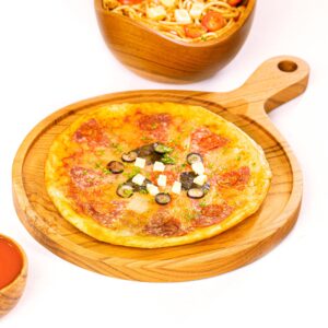 Rainforest Bowls 12" Javanese Teak Wood Pizza Board w/ Handle & Rim - Can Hold 12" Pizza, Ultra-Durable, Heavy Duty - Exclusive Luxury Custom Design Handcrafted by Indonesian Artisans