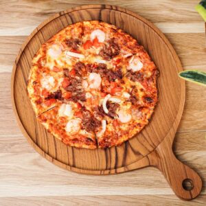 Rainforest Bowls 12" Javanese Teak Wood Pizza Board w/ Handle & Rim - Can Hold 12" Pizza, Ultra-Durable, Heavy Duty - Exclusive Luxury Custom Design Handcrafted by Indonesian Artisans