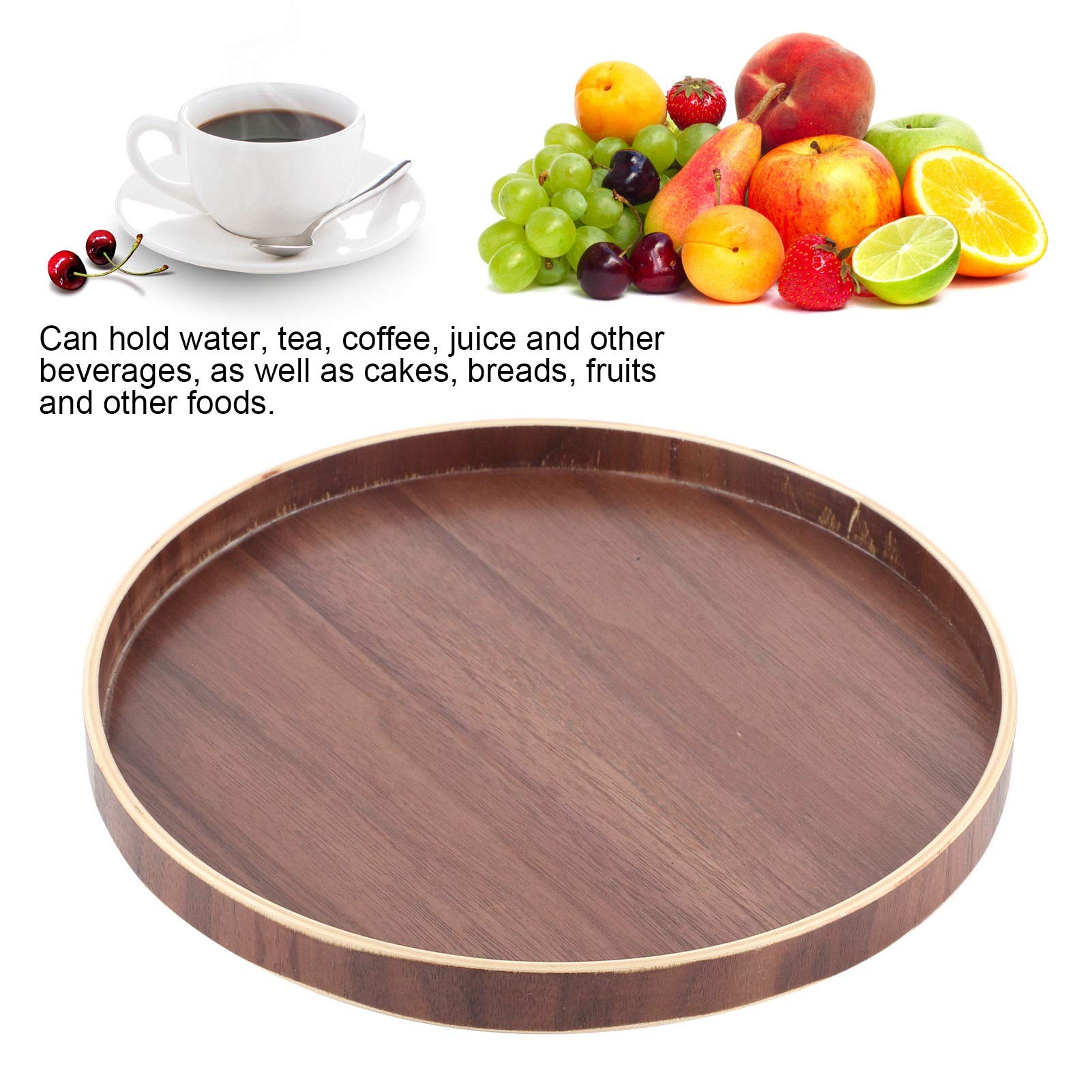 Food Tray, Japanese Style Round Wooden Serving Tray Round Serving Tray, Durable and Wear‑Resistant,(24cm Walnut Color disc)