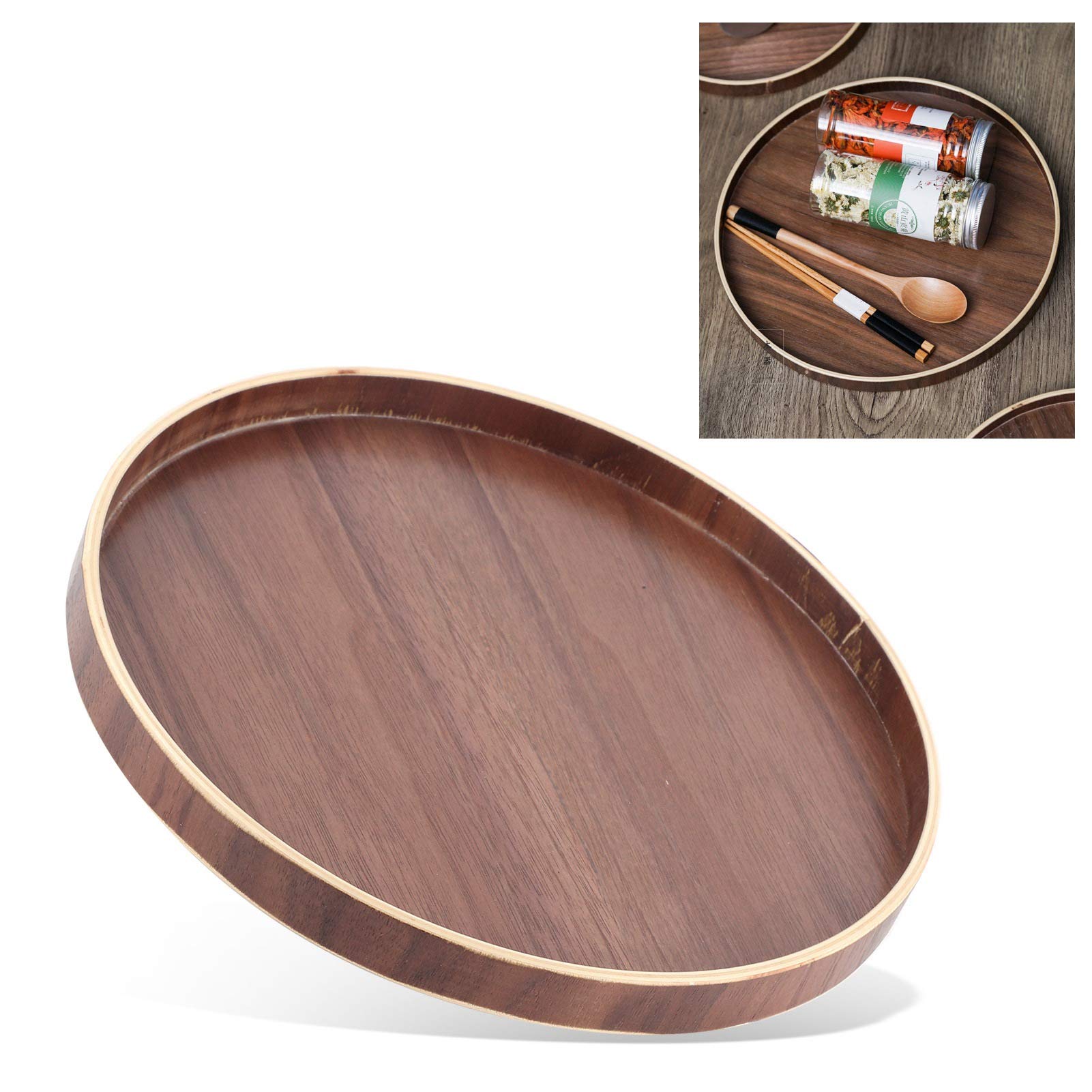 Food Tray, Japanese Style Round Wooden Serving Tray Round Serving Tray, Durable and Wear‑Resistant,(24cm Walnut Color disc)