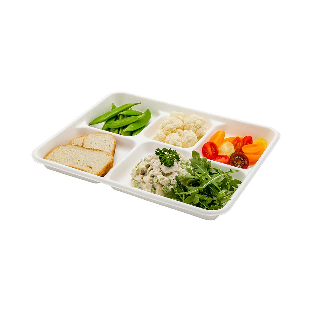 Restaurantware Pulp Tek Ounce Bagasse Plates 100 Rectangular Disposable Plates - Lids Sold Separately 5 Compartments White Bagasse Plates Sturdy Microwavable For Salads Or More