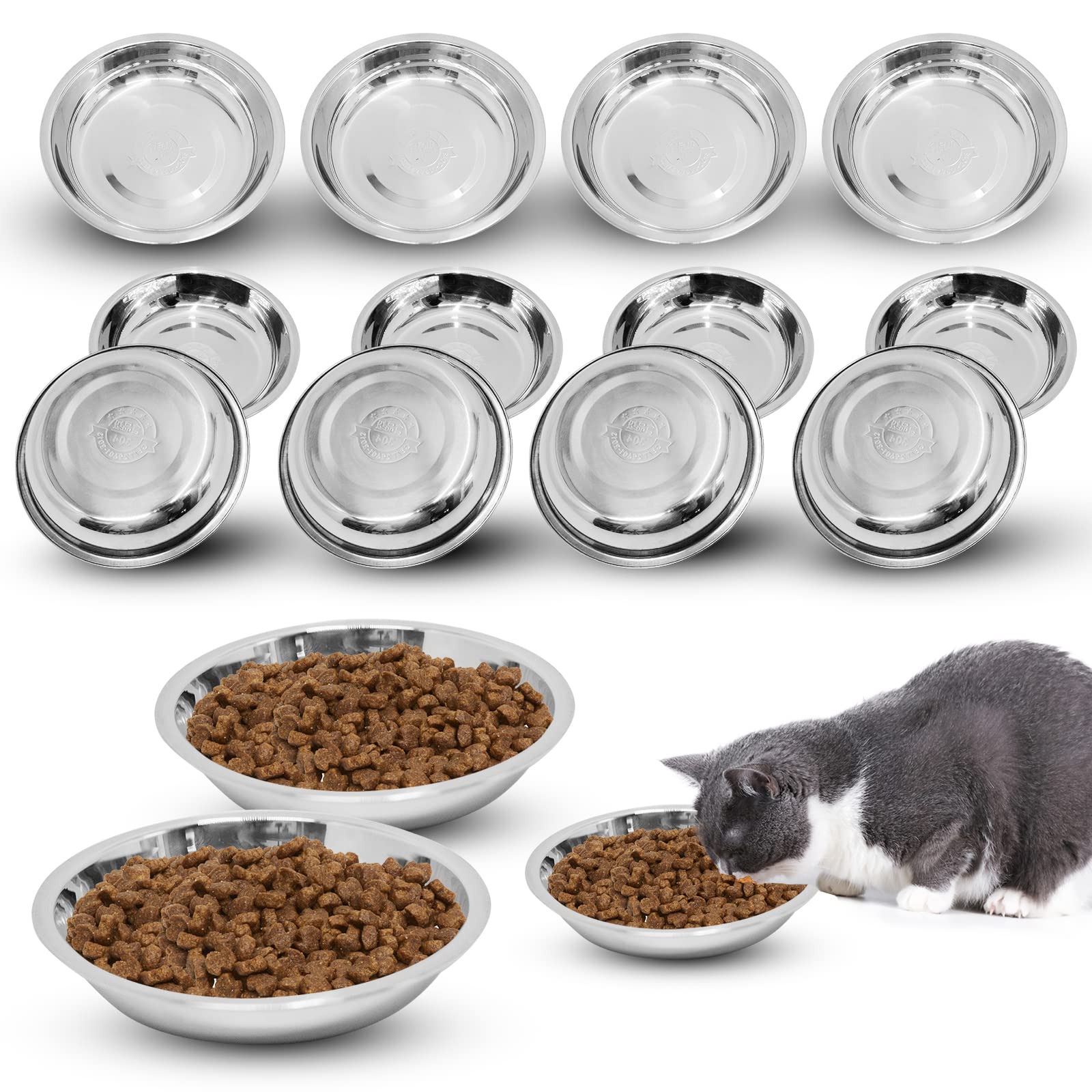 12 Pcs Stainless Steel Cat Bowls - Metal Shallow Cat Bowls - Whisker Fatigue Relief Food Water Dish - Replacement Basic Cat Plates for Elevated Stand Dishwasher Safe Pet Supplies (6.3 Inch Diameter)