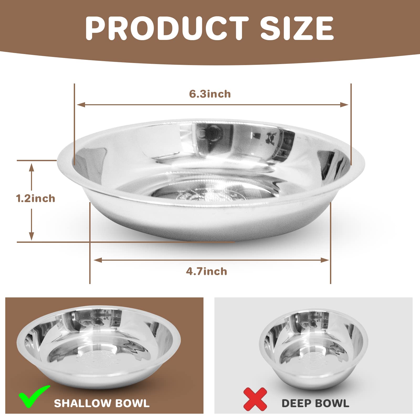 12 Pcs Stainless Steel Cat Bowls - Metal Shallow Cat Bowls - Whisker Fatigue Relief Food Water Dish - Replacement Basic Cat Plates for Elevated Stand Dishwasher Safe Pet Supplies (6.3 Inch Diameter)