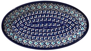 polish pottery oval serving platter from zaklady ceramiczne boleslawiec 1103-217a classic pattern, dimensions: 11 inch x 6.25 inch