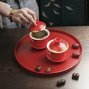 Round Tray, Wooden Tea Tray Chinese Wedding Tea Tray Multifunctional Food Trays Red Plate for Home Kitchen Party,Wedding Supplies