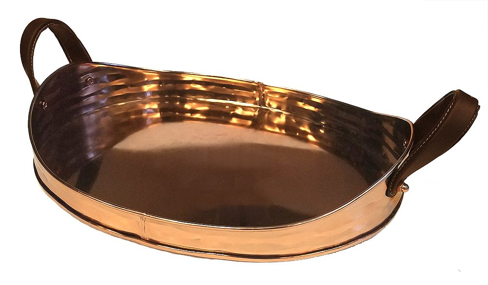 ZUCCOR Large Copper Plated Stainless Steel Serving Tray With Comfortable Faux Leather Handle | Ornate Decorative Tray | Serving Meals, Appetizers & Beverages | Kitchen Countertop - 17" x 13" x 3.5"