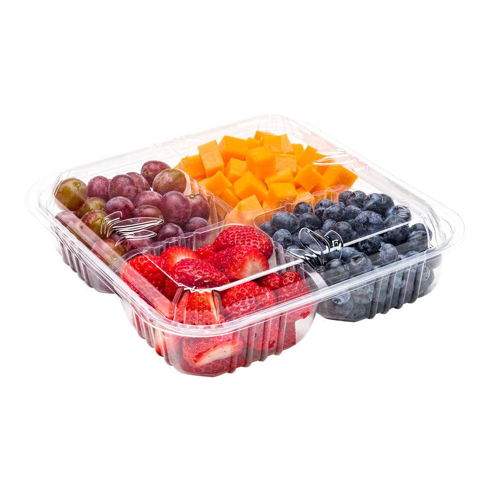 Restaurantware Thermo Tek 8.3 x 2.2 Serving Platters with Lids 100 Disposable Veggie Trays - Square 4 Compartments Clear Plastic Appetizer Platters Serve Fruits At Parties or Catered Events