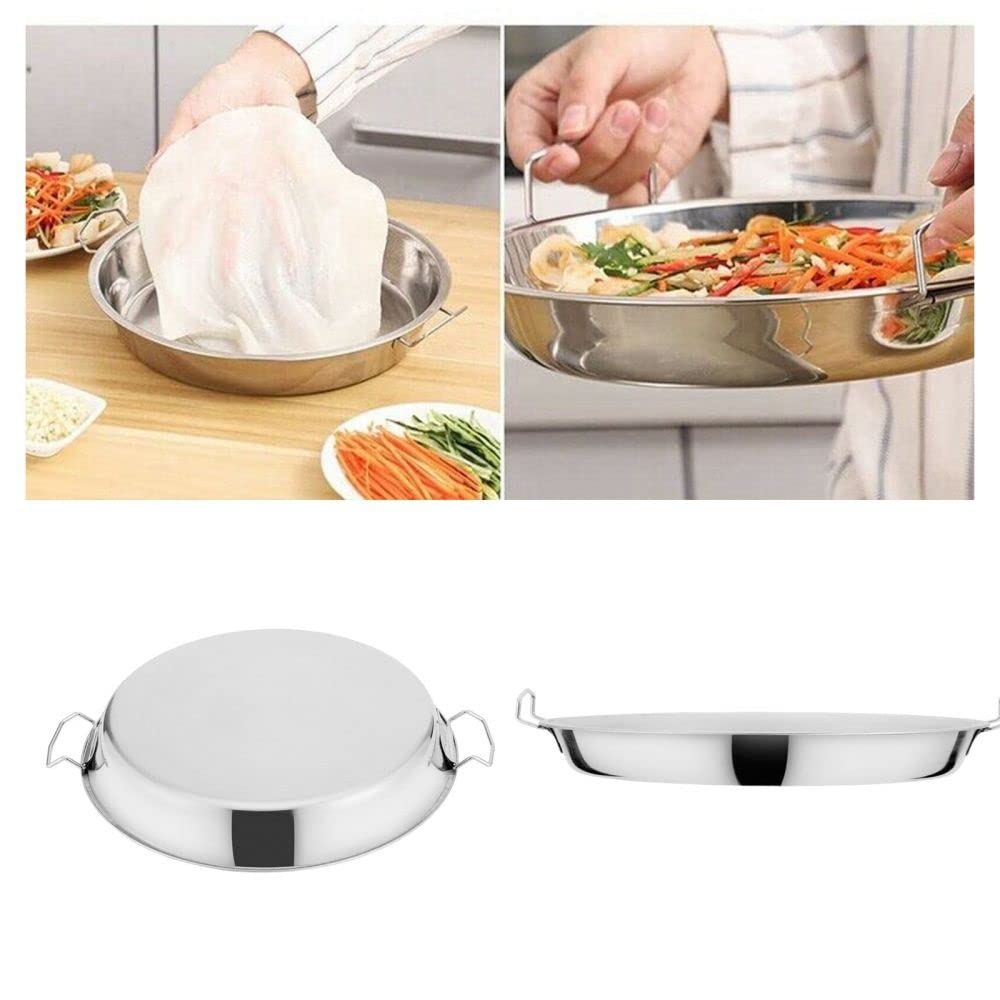 Steamed Rice Tray Cold Noodle Making Plate Stainless Steel Pan Restaurant Tray Cake Dish Kitchen Serving Tray With Double Handle Tableware(28cm)