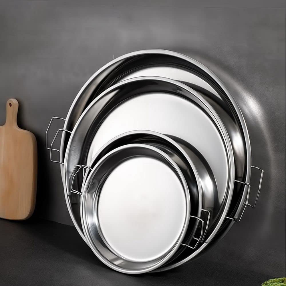 Steamed Rice Tray Cold Noodle Making Plate Stainless Steel Pan Restaurant Tray Cake Dish Kitchen Serving Tray With Double Handle Tableware(28cm)