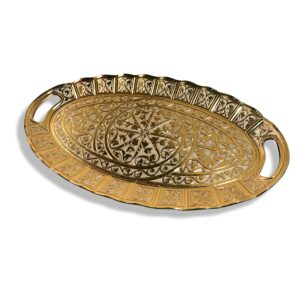 turkish tea coffee beverage dinning serving tray ellipse with handled ottoman motif decorative middle table drink serving bathroom oval suitable for gift tray (14.1x8.2x1 inc) 35.8x20.5x2cm gold