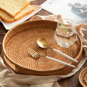 Rattan Tray, Round Rattan Serving Tray, Decorative Wicker Trays with Rattan Coasters and Wood Bead Garland, for Coffee Table Fruit, Bread Serving Basket (13.7 Inch)