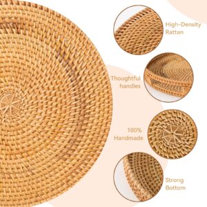 Rattan Tray, Round Rattan Serving Tray, Decorative Wicker Trays with Rattan Coasters and Wood Bead Garland, for Coffee Table Fruit, Bread Serving Basket (13.7 Inch)