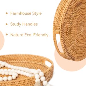 Rattan Tray, Round Rattan Serving Tray, Decorative Wicker Trays with Rattan Coasters and Wood Bead Garland, for Coffee Table Fruit, Bread Serving Basket (13.7 Inch)