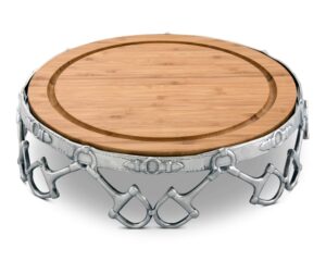 arthur court aluminum alloy equestrian d-ring pattern pedestal cheese/cake stand with removable acacia board 13 inch diameter