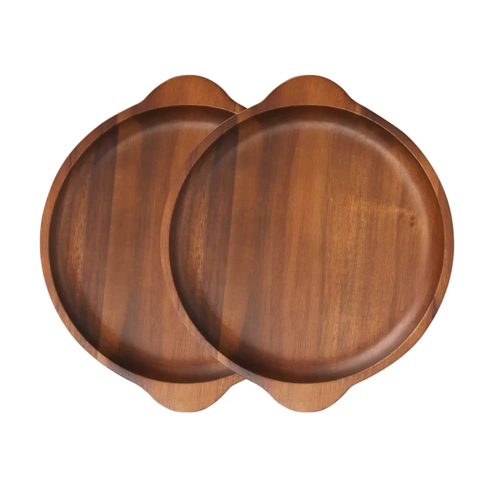 Walnut Wooden Fruit Plate Set With Handle Ear Serving Tray Bread Charcuterie Board for Fruit Salad Cheese Platter Vegetable Food Dish Charger Plates (12 Inch 2 Pack)