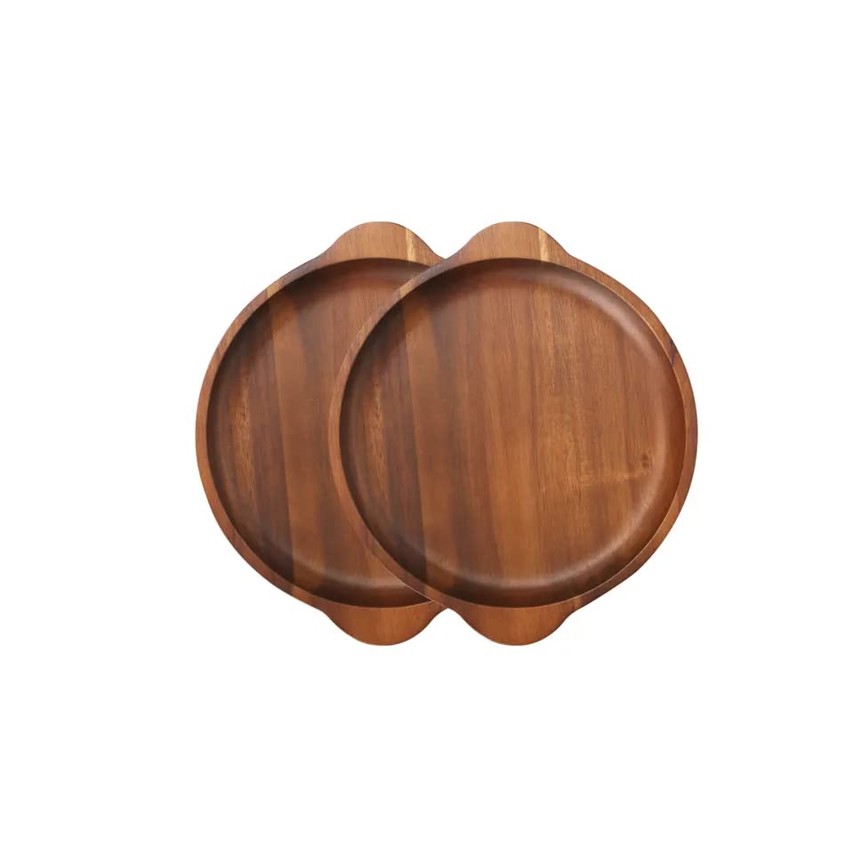 Walnut Wooden Fruit Plate Set With Handle Ear Serving Tray Bread Charcuterie Board for Fruit Salad Cheese Platter Vegetable Food Dish Charger Plates (12 Inch 2 Pack)