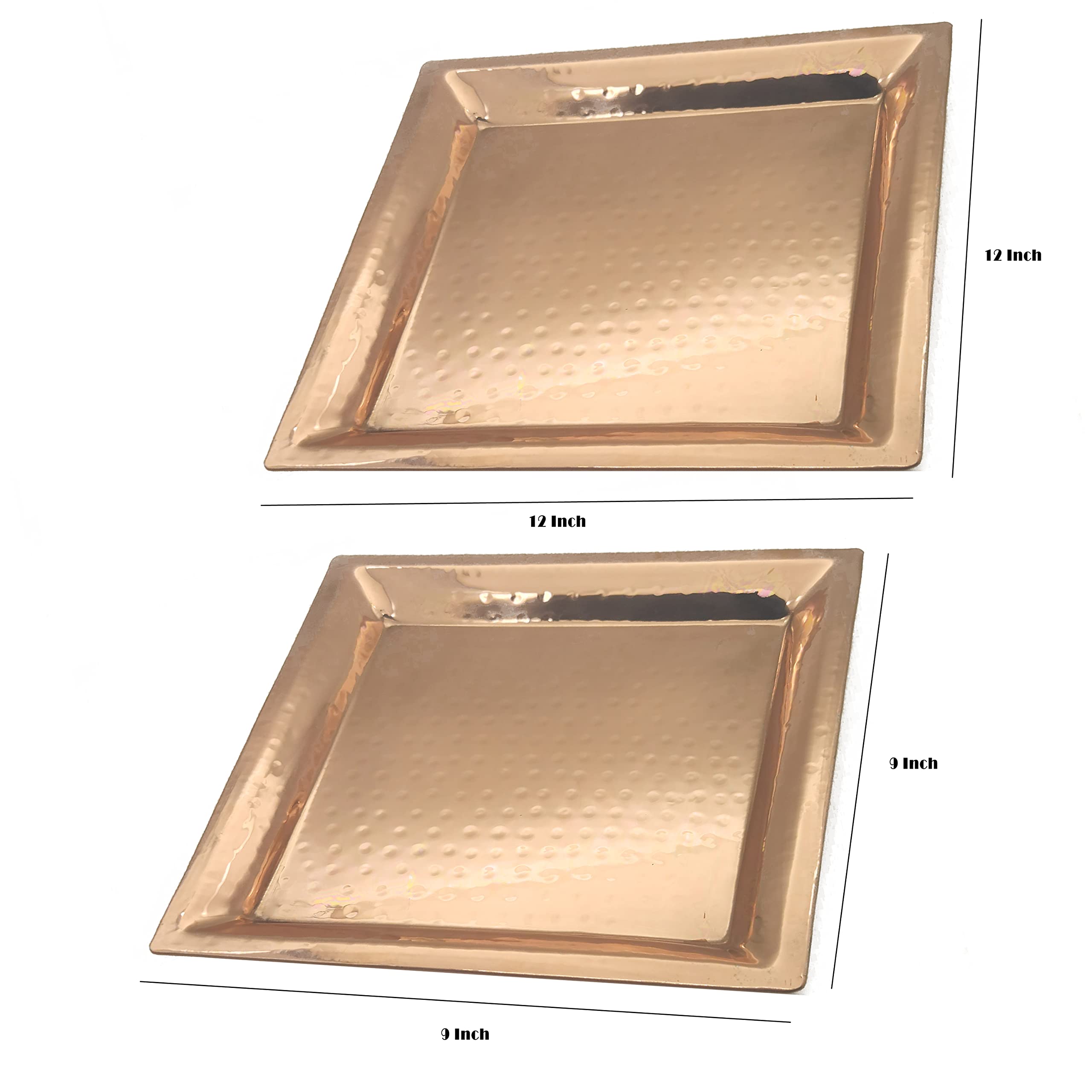 REPLICARTZUS Large Copper Plated Serving Trays Set of 2 12x12 9x9 Inch Platters - Appetizer Tray - Chrome Platters Pack of 2