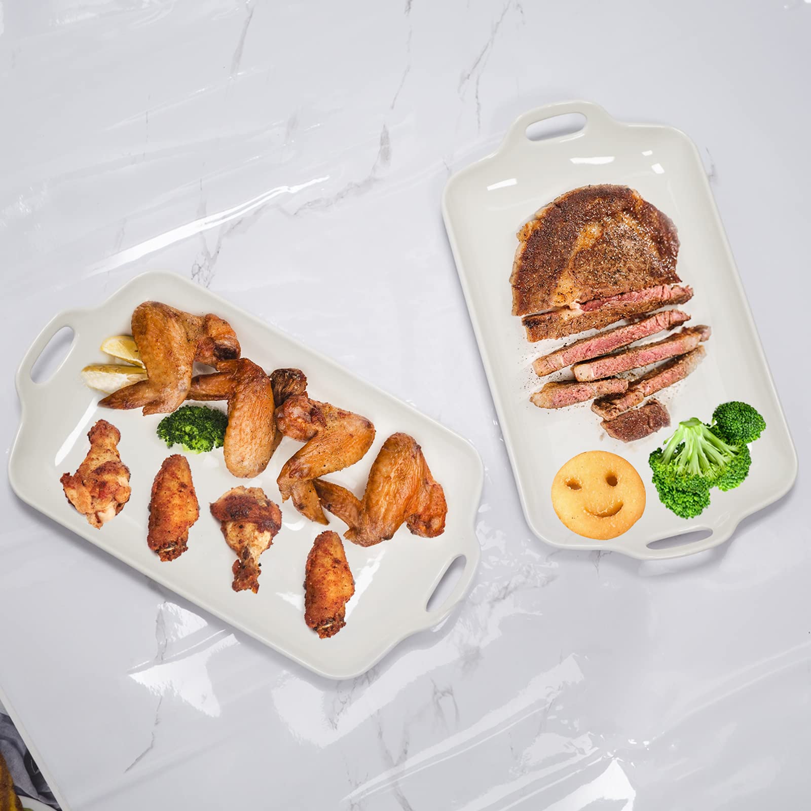 Aquiver 12" Ceramic Large Serving Platter, Serving Plates with Handles, White Serving Dishes for Party Food, Meat, Appetizer, Vegetable, Set of 2