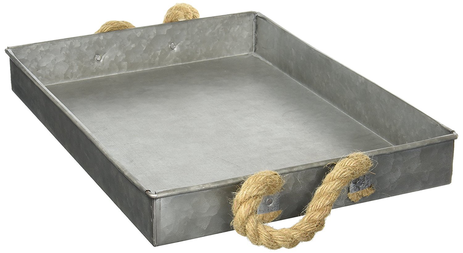 Cheung's FP-3744 Galvanized Metal Rectangular Tray with Rope Handle, Gray, Brown, 16x11.75x2