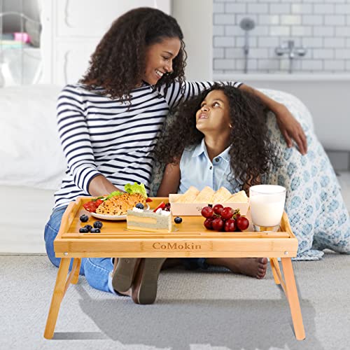 Breakfast Bed Tray with Leg for Eating Bamboo Bed Table 20 Inch Food Trays for Adults Eating,Removable Media Slot Bed Trays for Eating on Bed