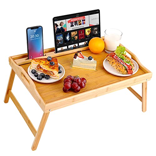 Breakfast Bed Tray with Leg for Eating Bamboo Bed Table 20 Inch Food Trays for Adults Eating,Removable Media Slot Bed Trays for Eating on Bed