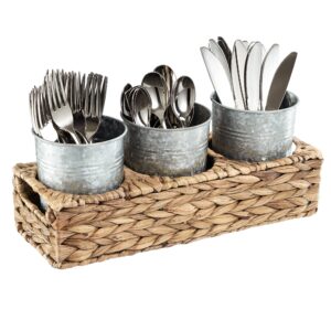 artland garden terrace flatware caddy with 3 jars, seagrass/galvanized