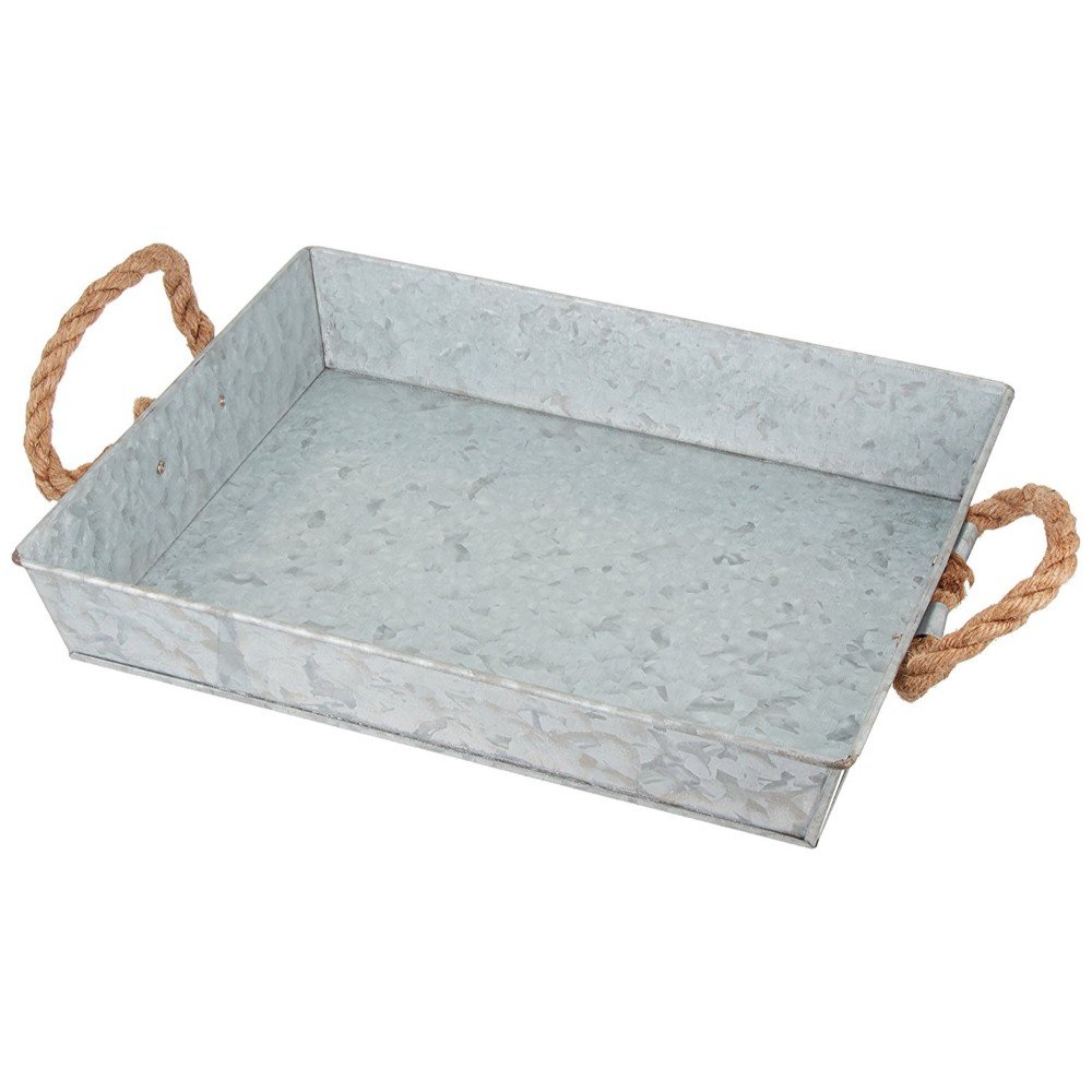 Benzara Mix Media Galvanized Tray with Rope Handles